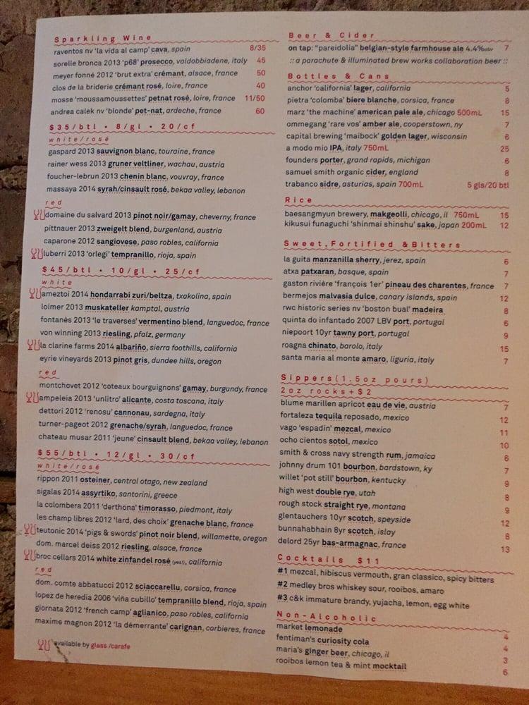 Menu at Parachute restaurant, Chicago
