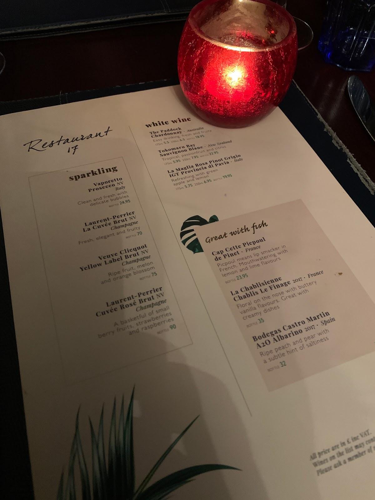 Menu at Restaurant 17, Durham