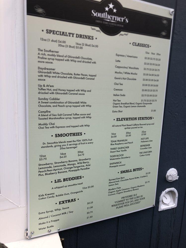 Menu at Southerner’s Coffee pub & bar, Franklin