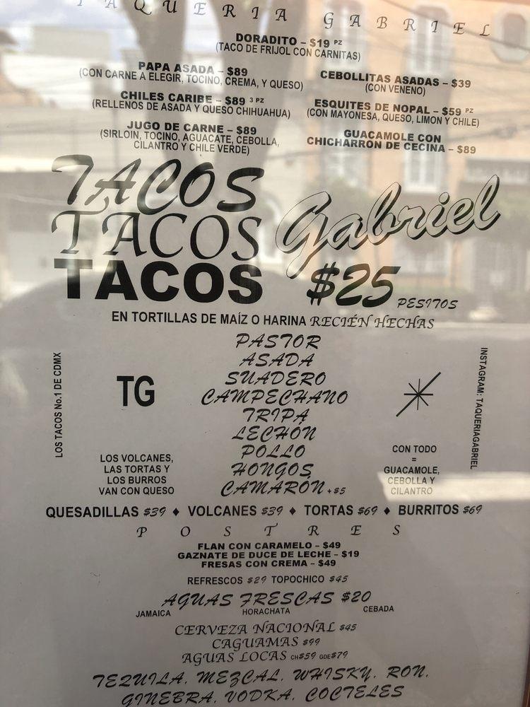 Menu at Taqueria Gabriel pub & bar, Mexico City