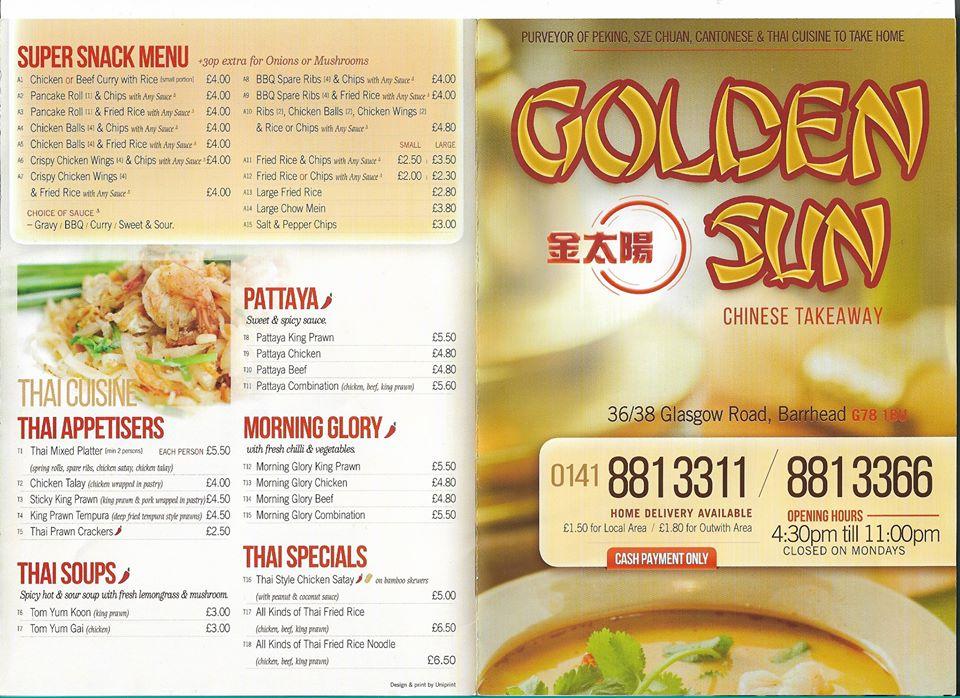 Menu at The Golden Sun fast food, Glasgow