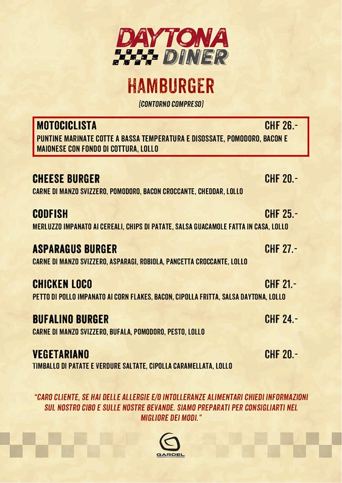 Menu da Daytona Diner, Lugano