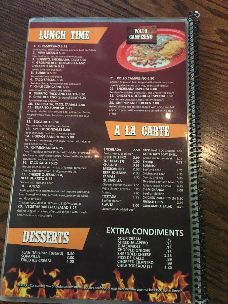 Menu at El Campesino Mexican Grill restaurant, Springville