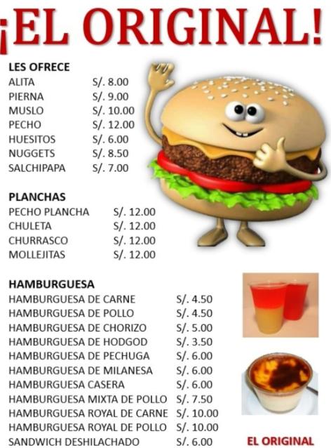 Menu at El Original restaurant, San Martín de Porres