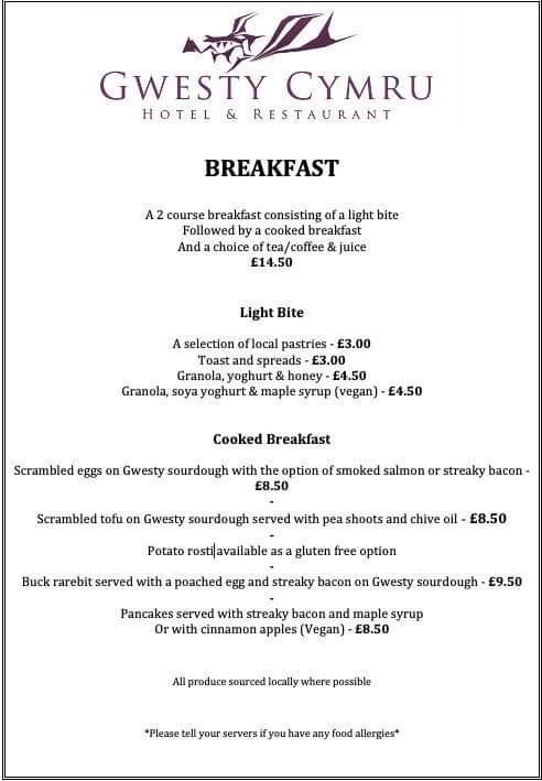 Menu at Gwesty Cymru Hotel & Restaurant, Aberystwyth