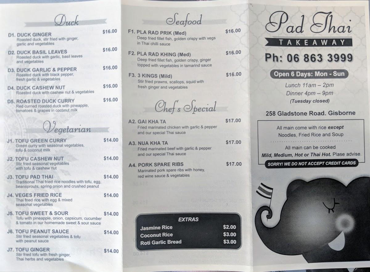 Menu at Pad Thai Takeaway restaurant, Gisborne