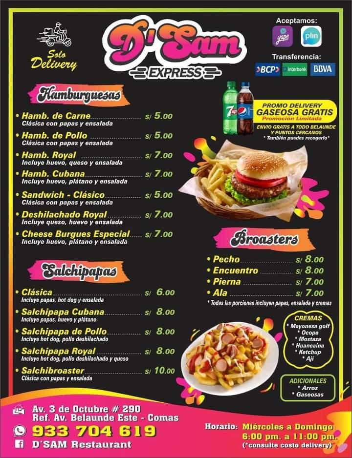 Menu at D"SAM restaurant, Comas