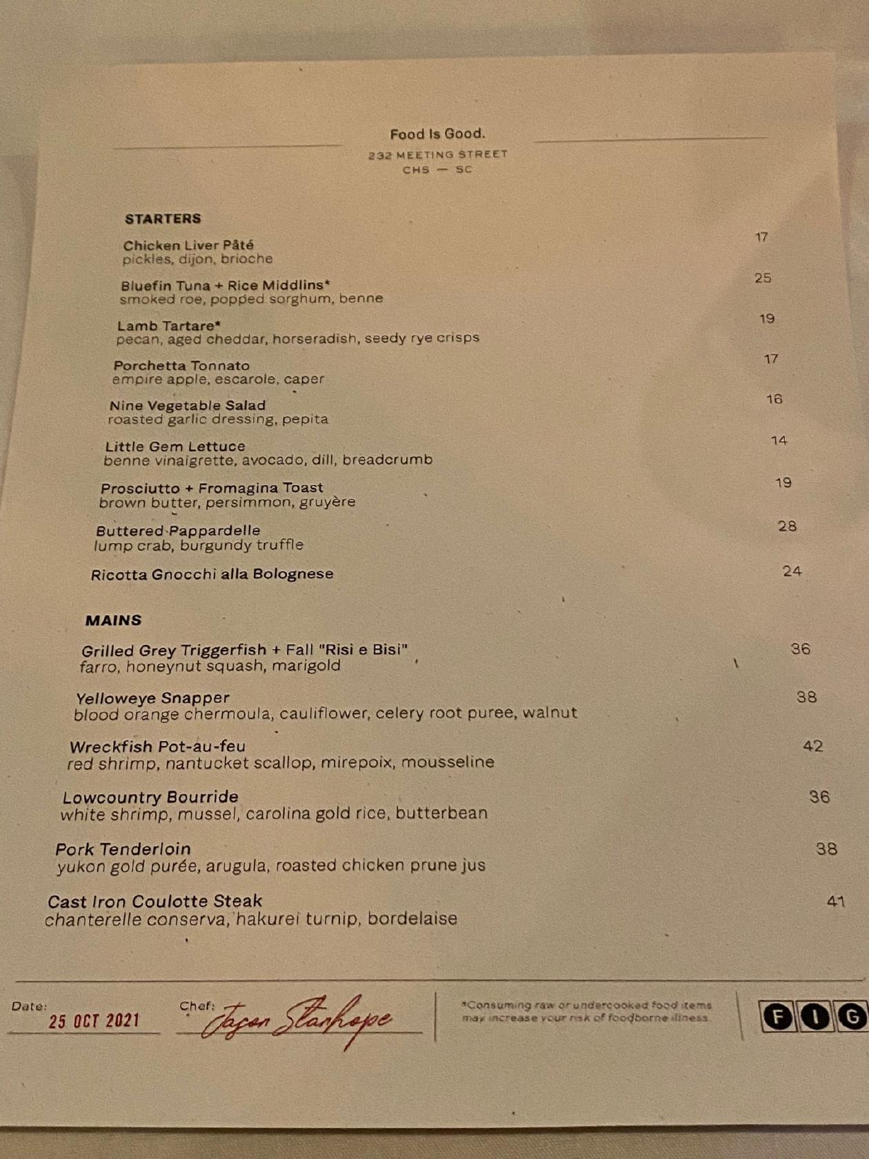 Menu at FIG pub & bar, Charleston