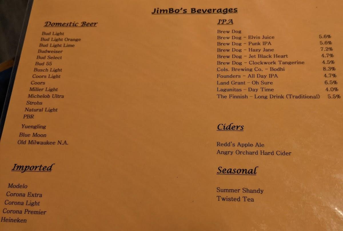 Carta del pub y bar JimBo's Burgers and Beer, South Bloomingville