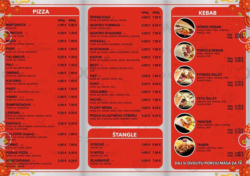 Menu at K&P pizza restaurant, Lendak