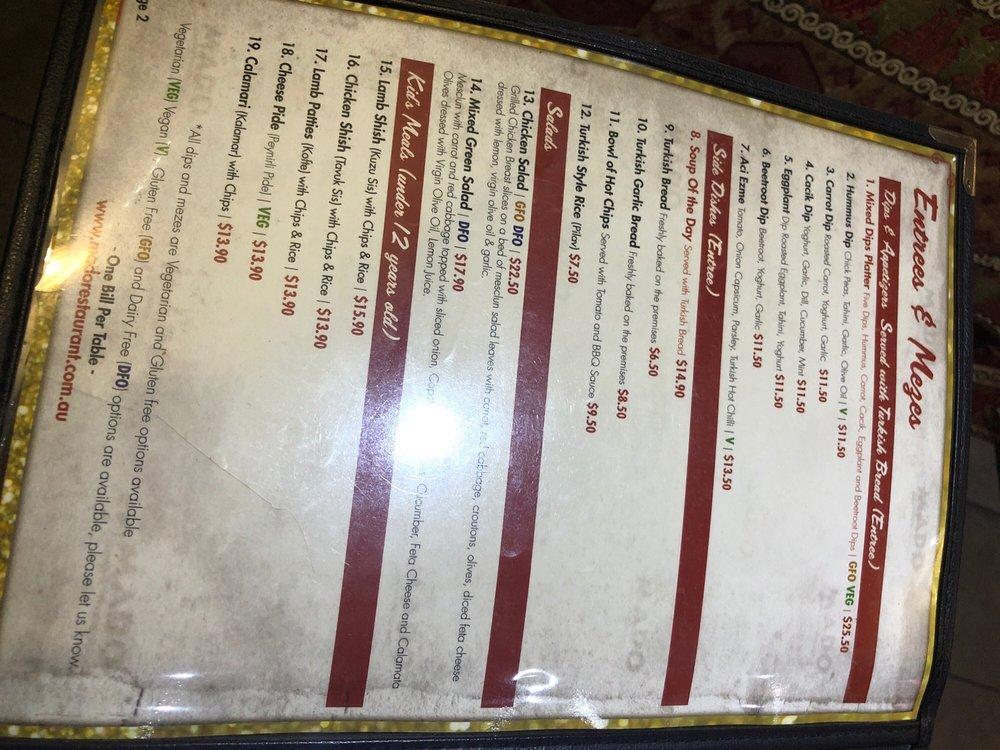 Menu at Mado Turkish Restaurant, South Brisbane