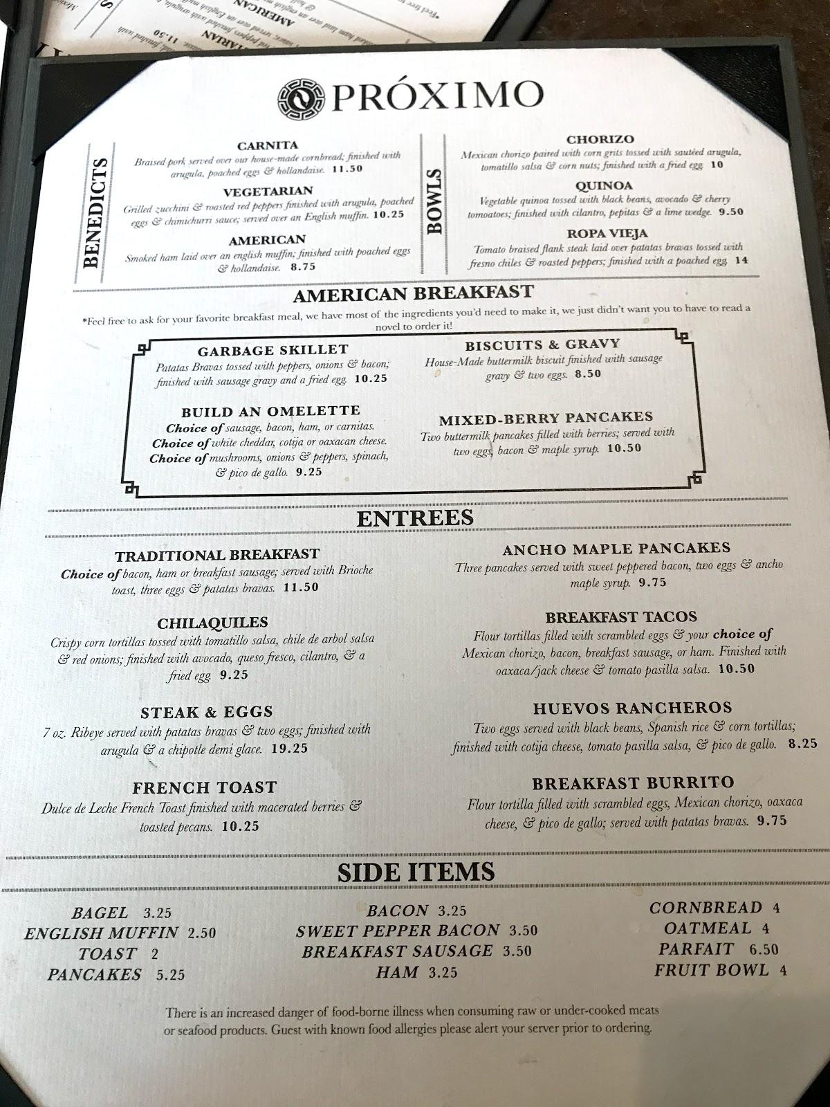 Menu at Proximo restaurant, Fort Wayne