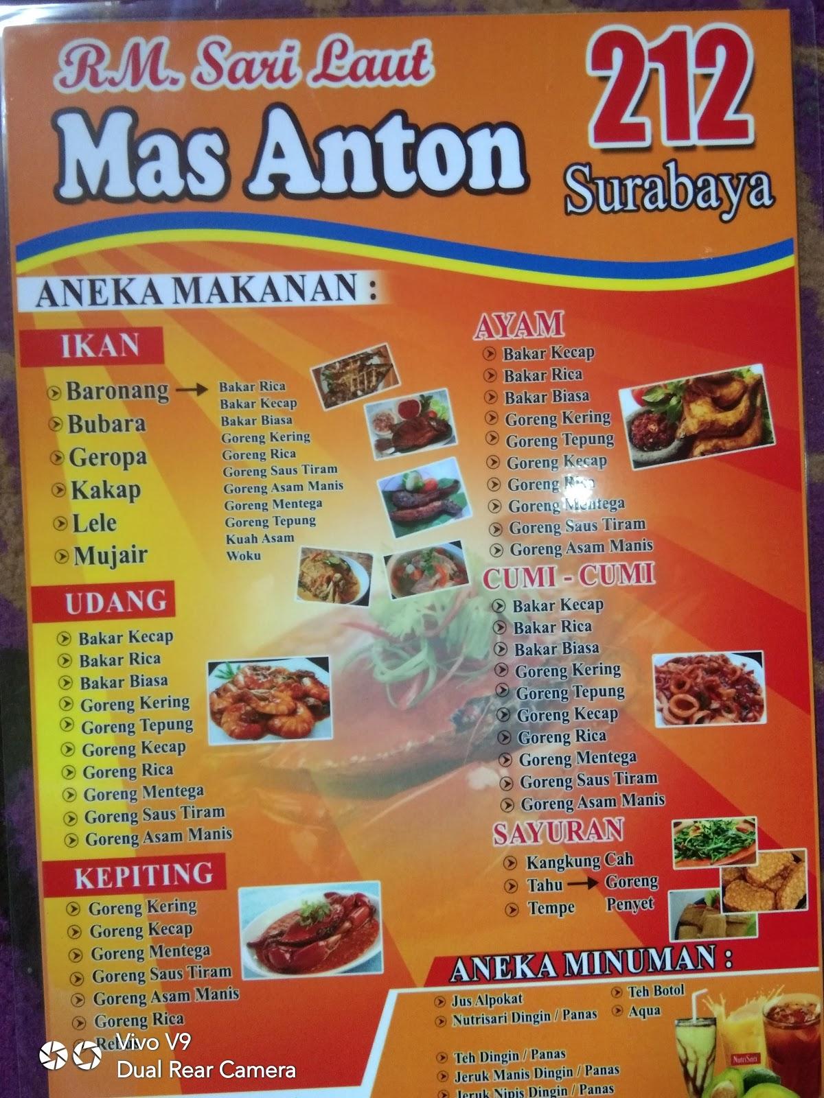 Menu at RM Sari Laut Mas Anton restaurant, Gorontalo