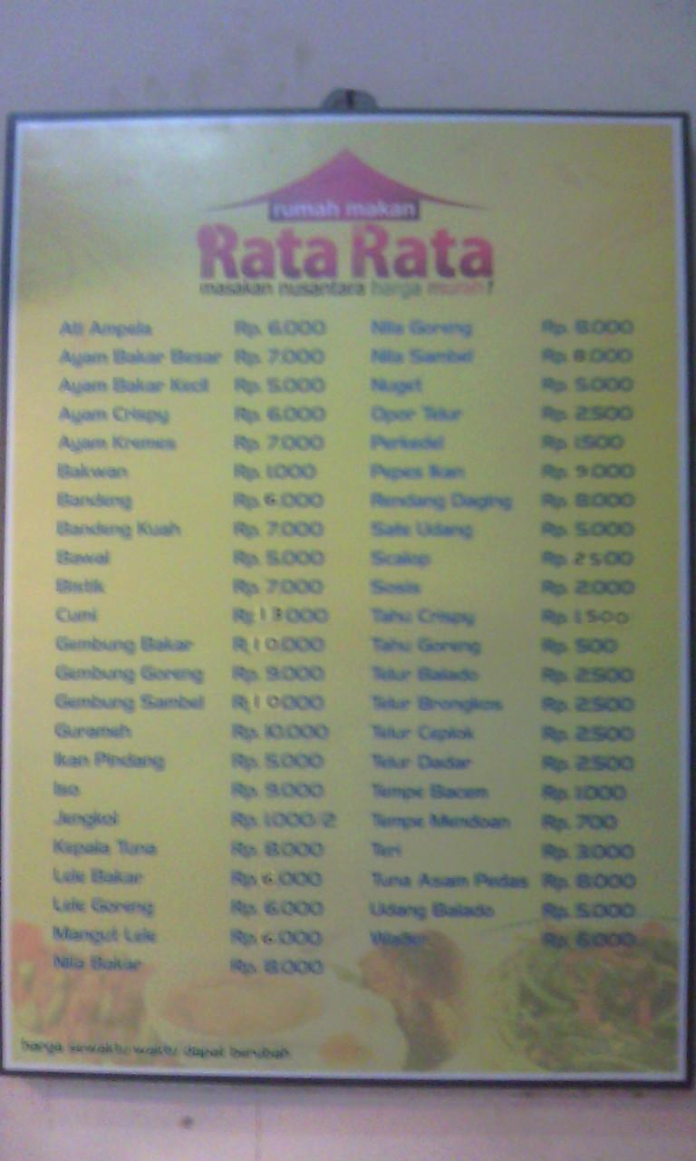 Menu at Rata Rata Restaurant, Yogyakarta
