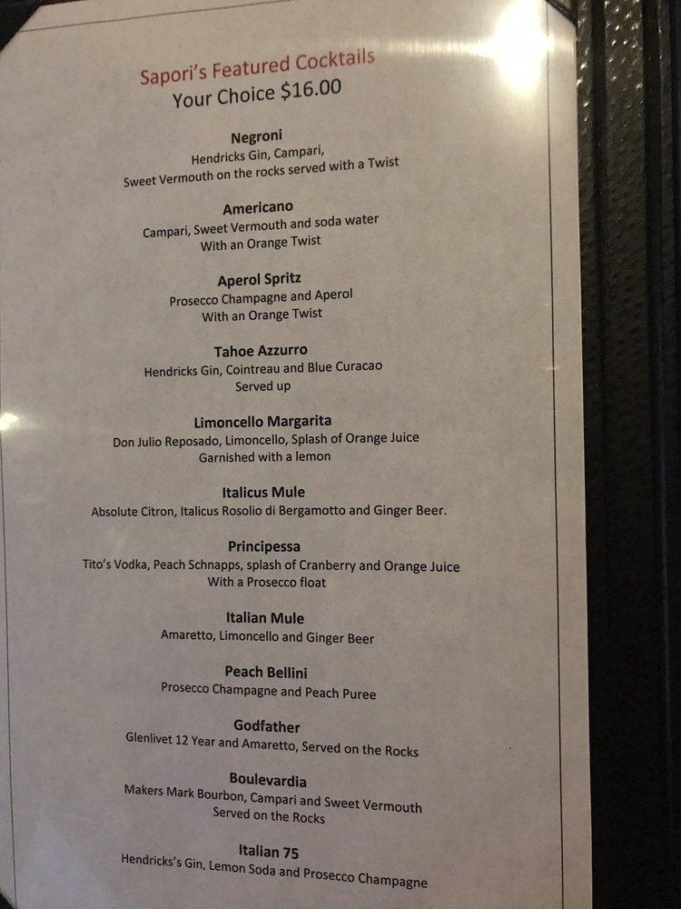 Menu at Sapori Italian Kitchen at Harrah's Lake Tahoe restaurant, Stateline