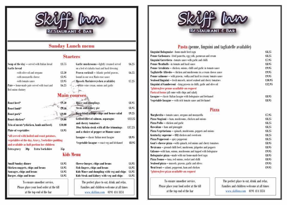 Menu at The Skiff Inn pub & bar, Newcastle upon Tyne