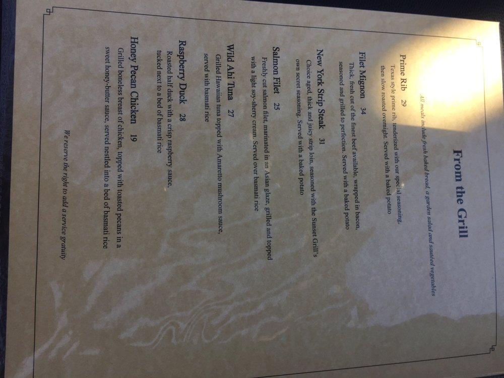 Menu at Sunset Grill steakhouse, Moab