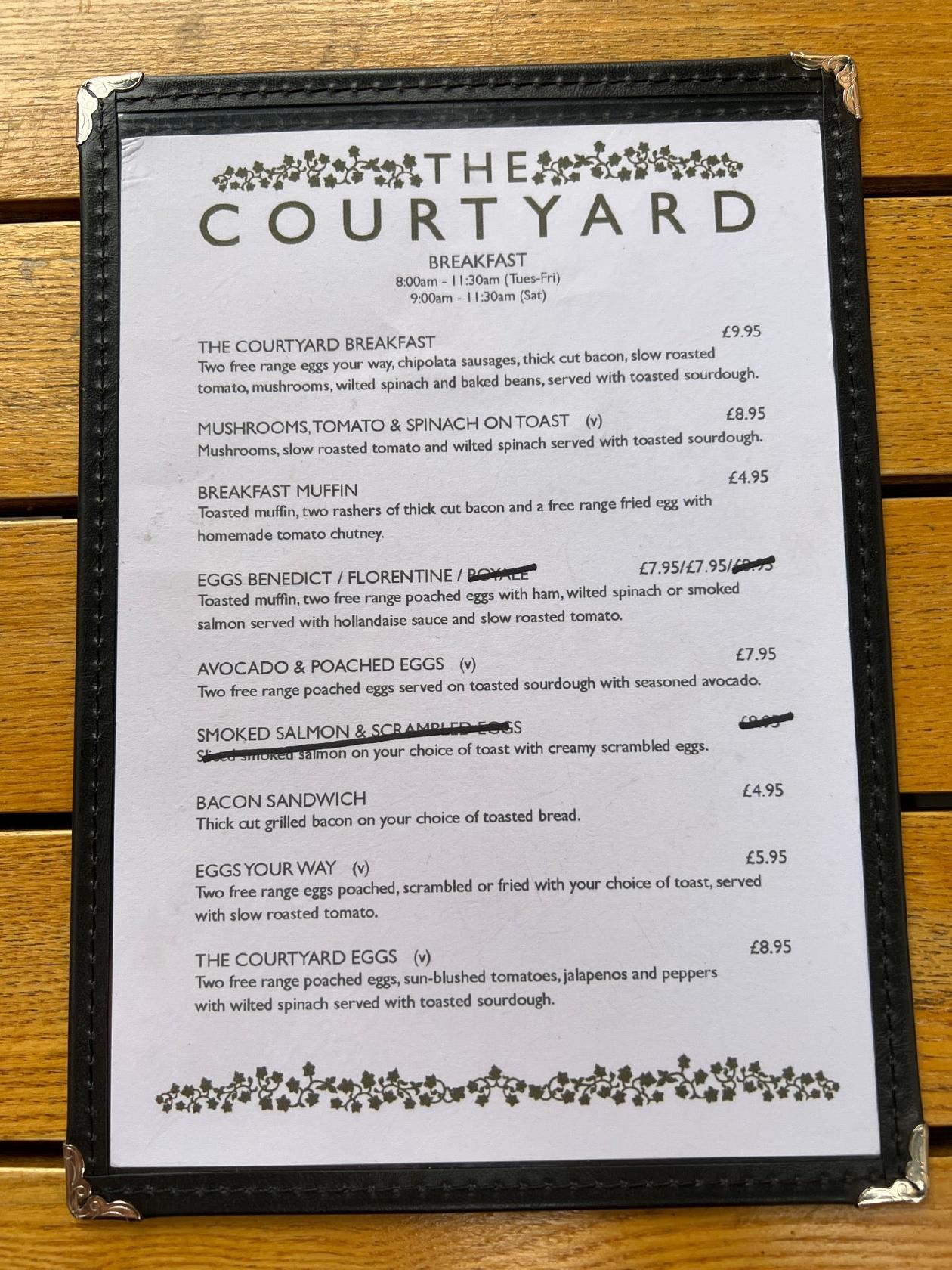 Menu at The Courtyard cafe, Sunninghill