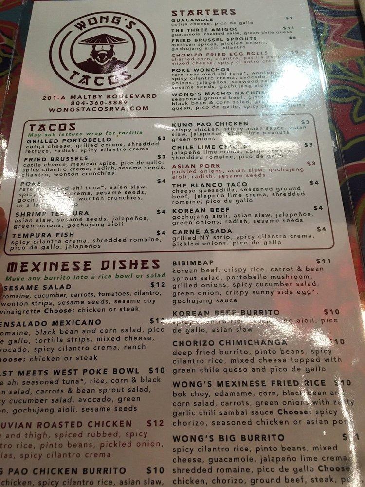Menu at Wong's Tacos - Greengate restaurant, Richmond