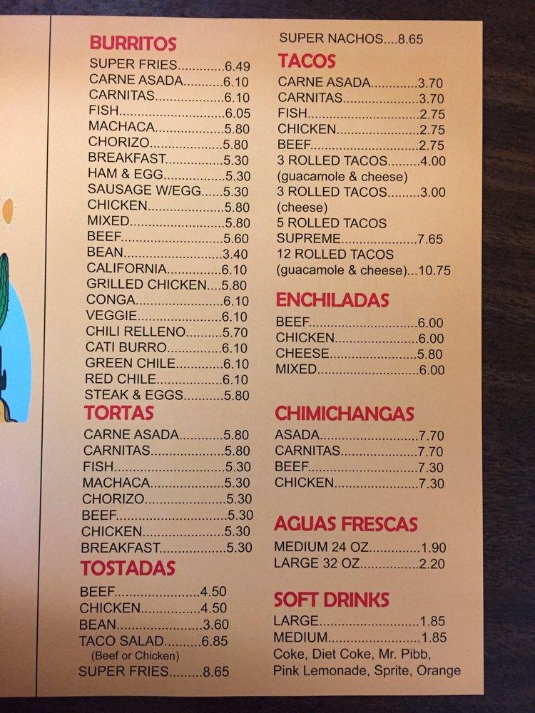 Menu at Adolfo's Taco Shop restaurant, Benson