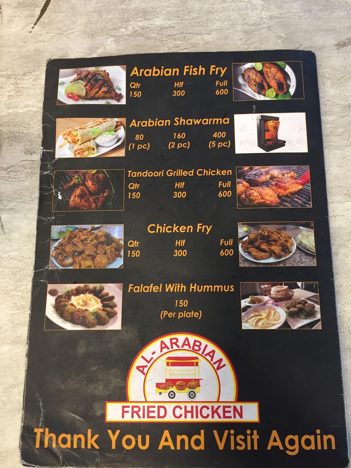 Menu at Al-Arabian fried chicken, New Delhi