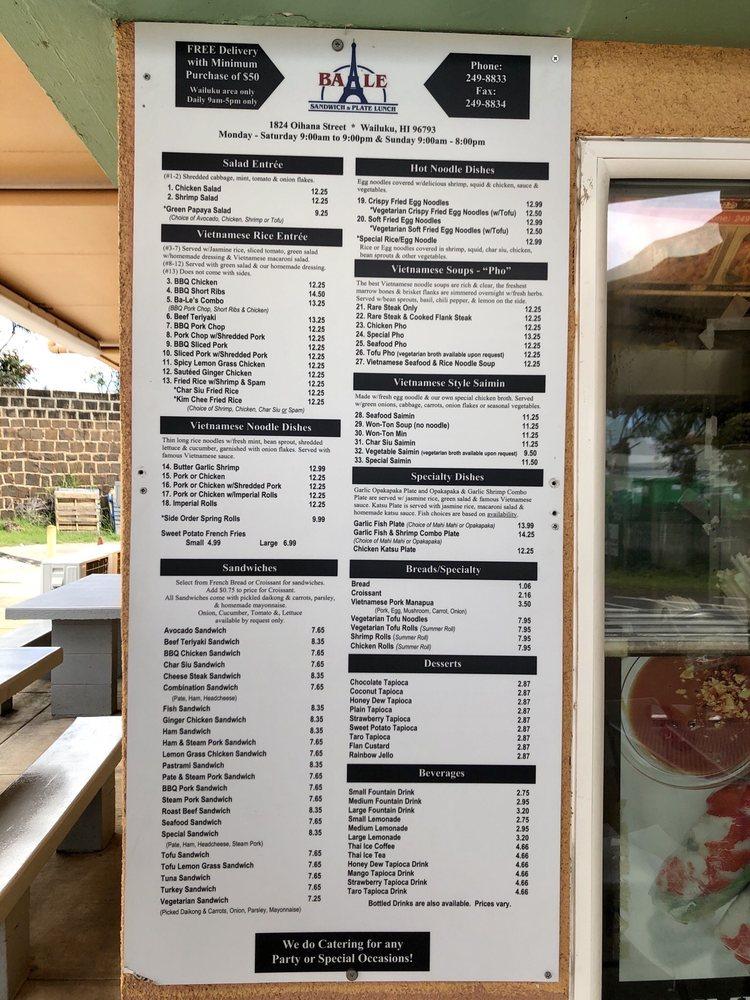 Menu at Ba-Le Sandwich Shop fast food, Wailuku
