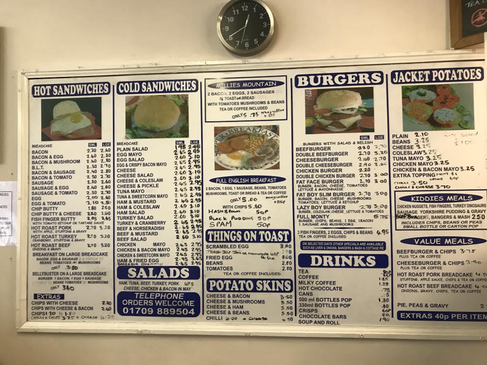Menu at Millys Cafe, Goldthorpe
