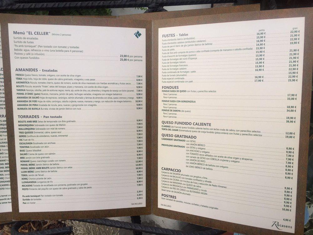 Carta del restaurante Can Recasens, Barcelona