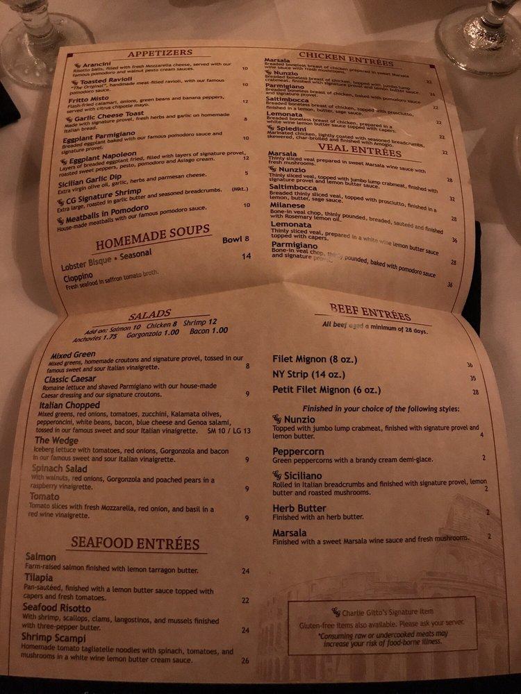 Menu at Charlie Gitto's On the Hill restaurant, St. Louis, Shaw Ave