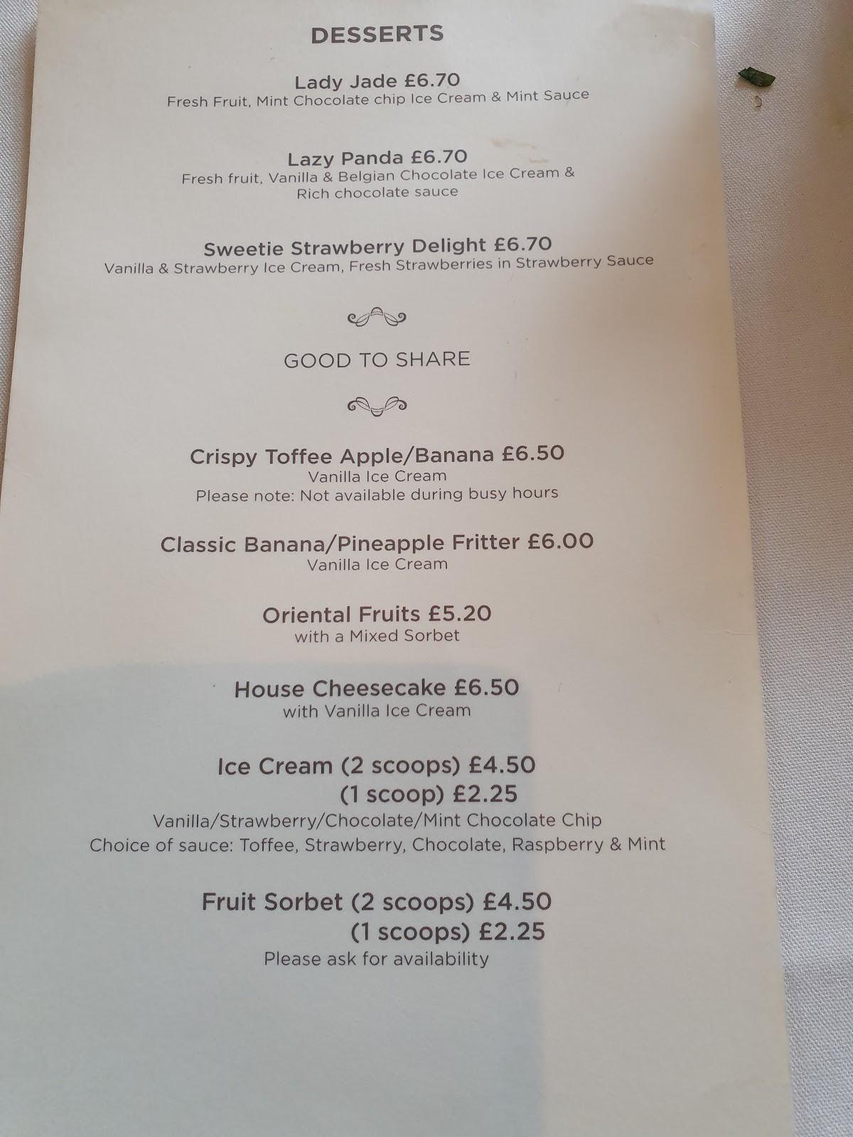 Menu at Cool Jade restaurant, Edinburgh