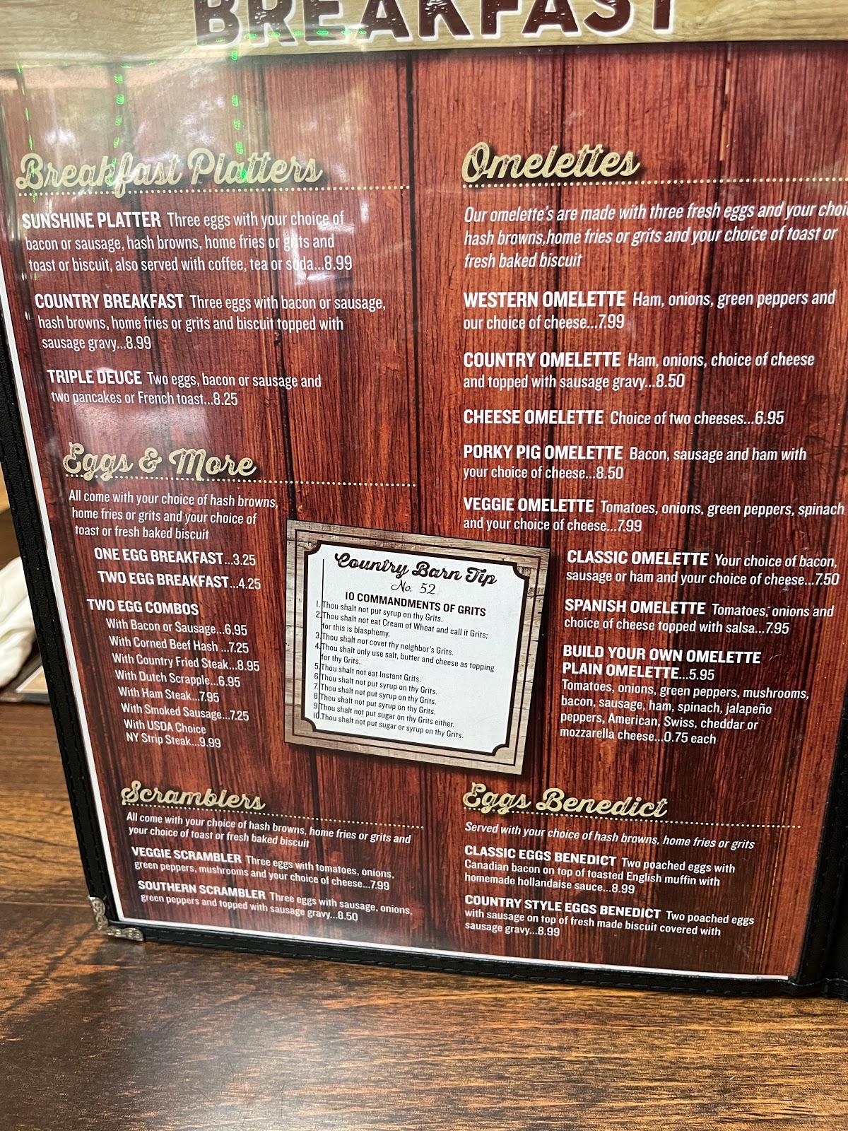 Menu at Country Barn Cafe, Melbourne