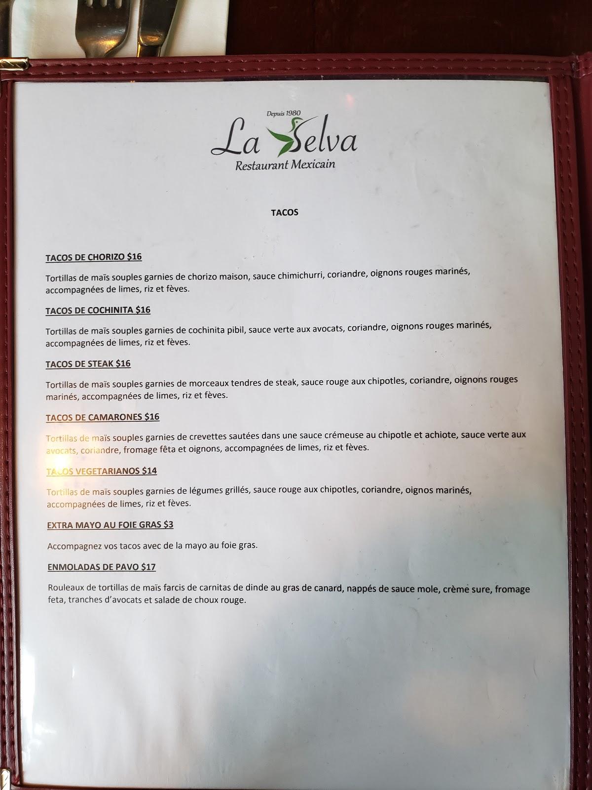 Menu au La Selva restaurant mexicain, Montréal