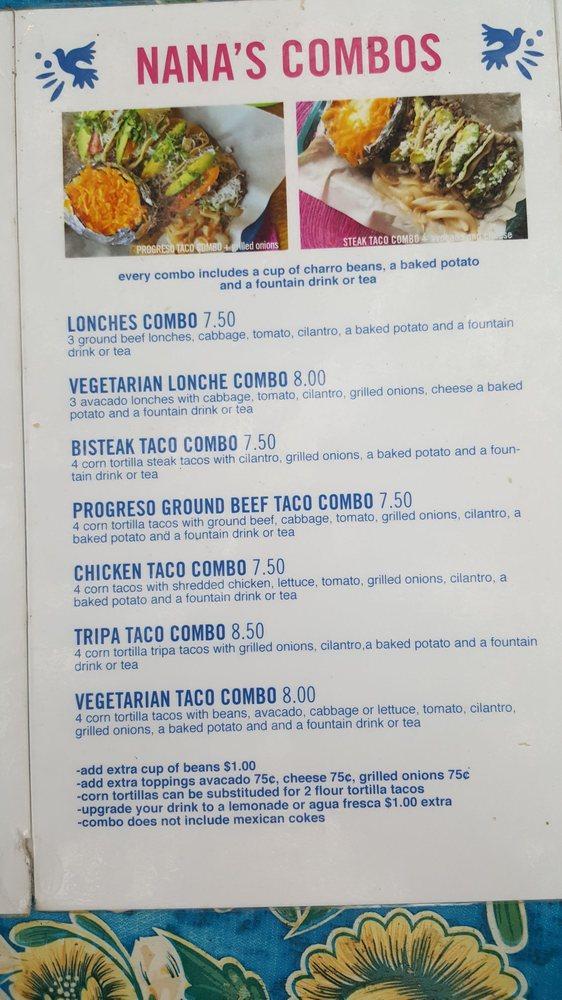 Menu at Nana's Taqueria restaurant, Weslaco, S International Blvd