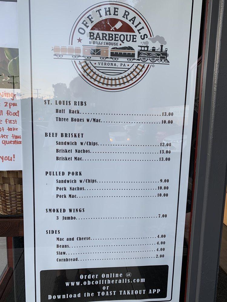 Menu at Off the Rails Barbeque & Drafthouse, Verona, 549 Allegheny ...