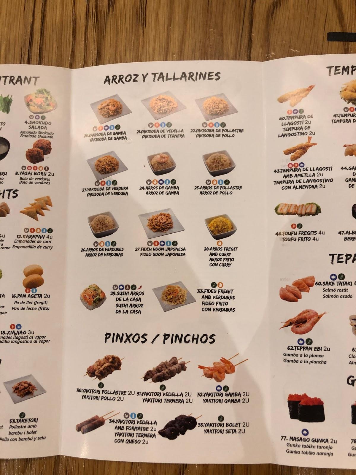 Carta del restaurante Shokudo, Barcelona