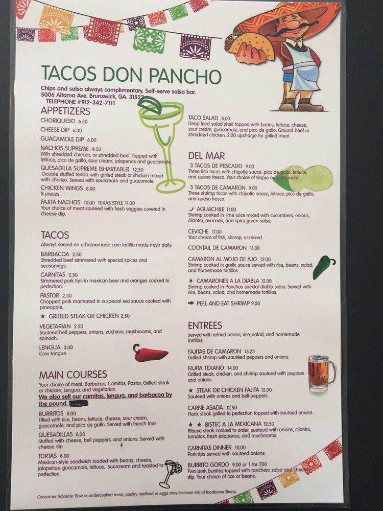 Menu at Tacos Don Pancho restaurant, Brunswick