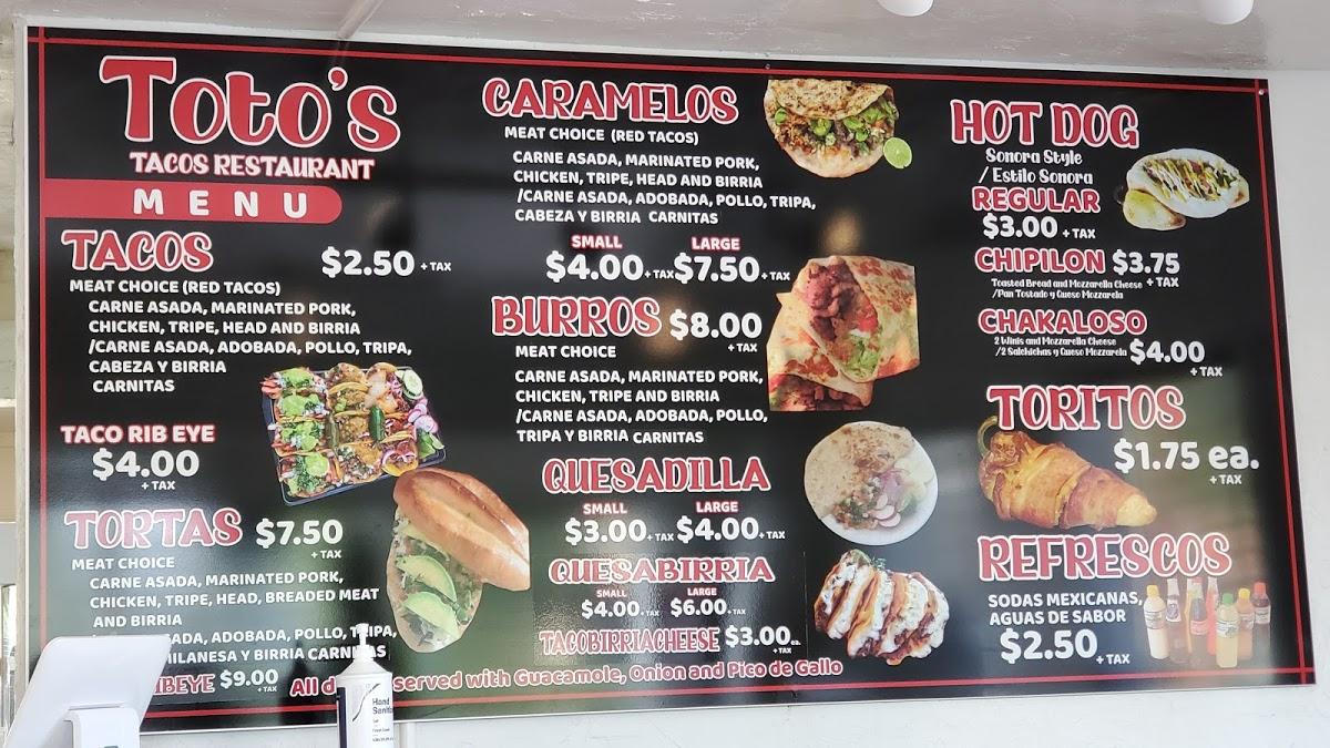 Menu at Toto's Tacos Restaurant, Tucson