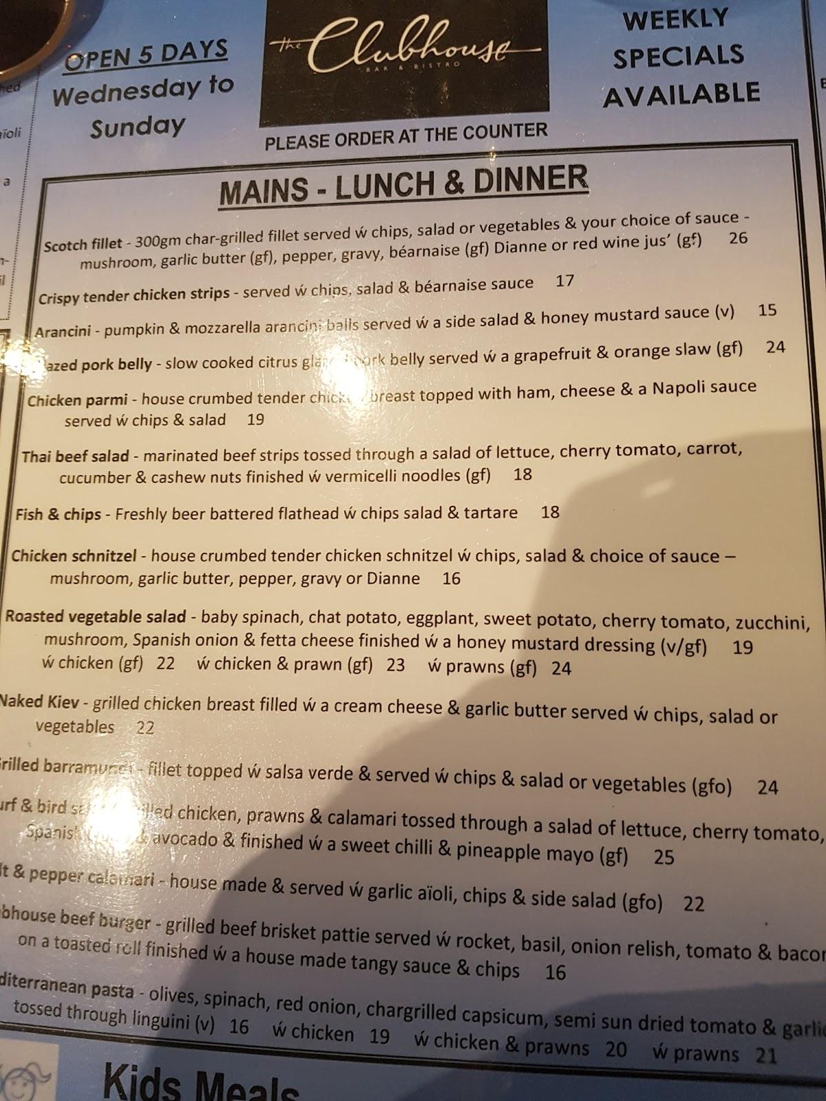 Menu at Wodonga Golf Club Clubhouse Bar & Bistro, West Wodonga