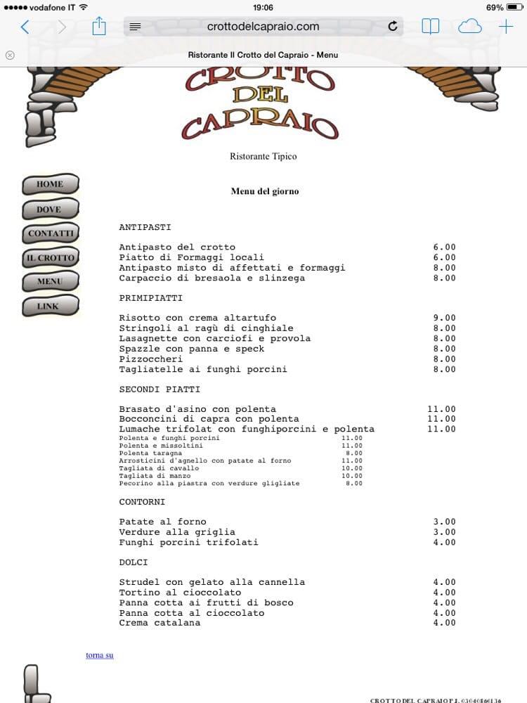 Carta del pub y bar Crotto del Capraio, Civate