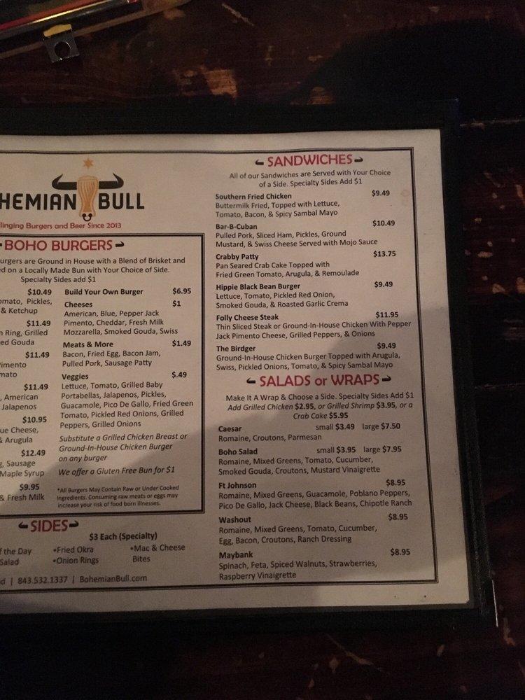 Menu at Bohemian Bull restaurant, Charleston