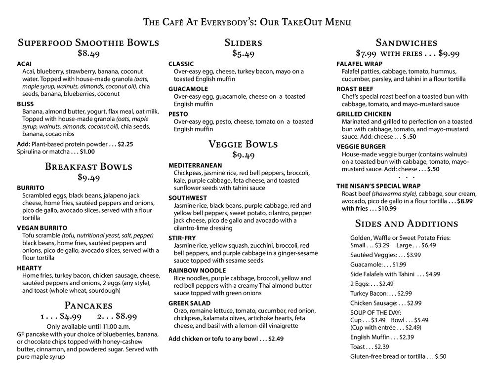 Menu at Everybody's Cafe, Fairfield