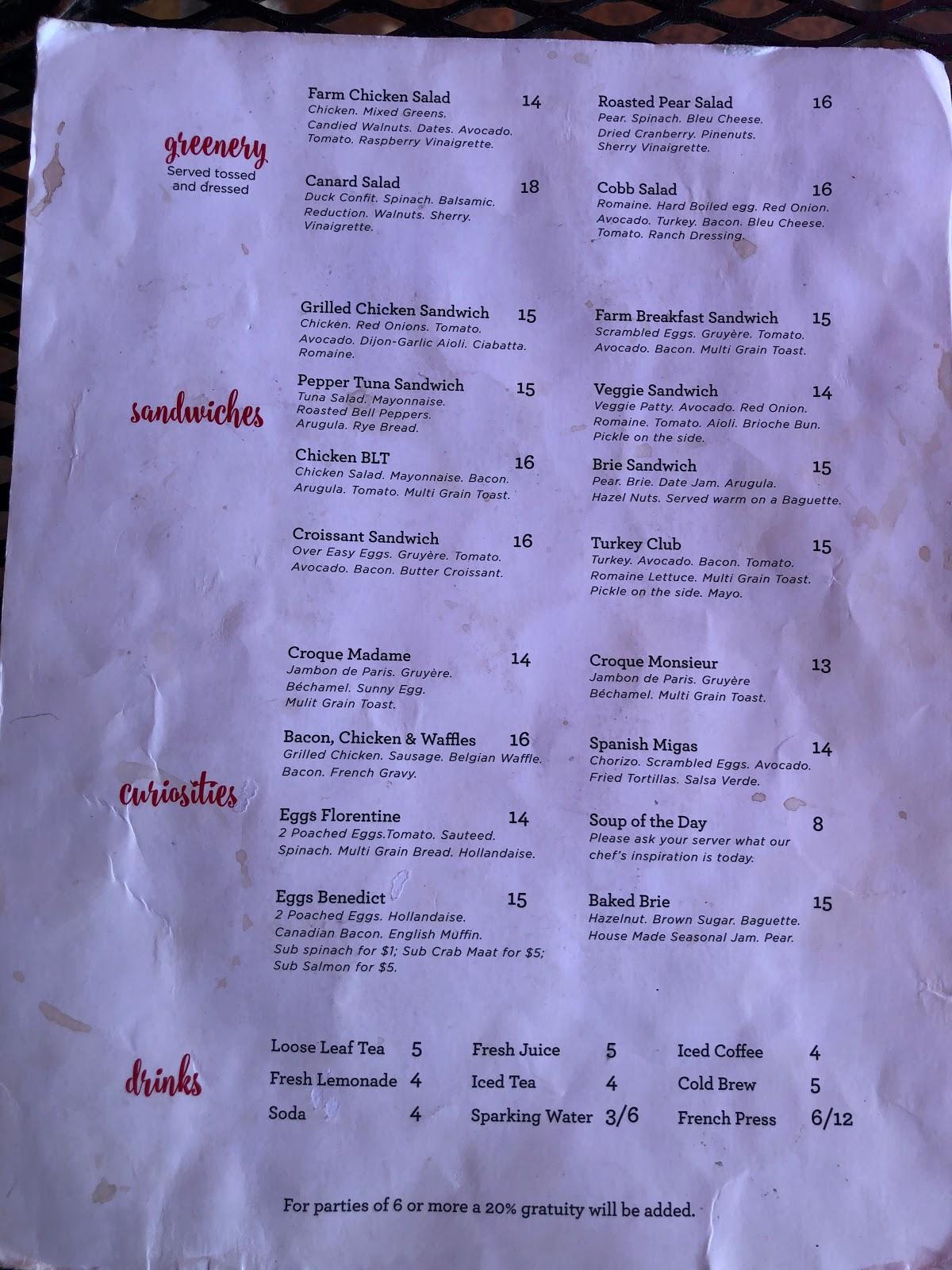 Menu at Farm restaurant, Palm Springs