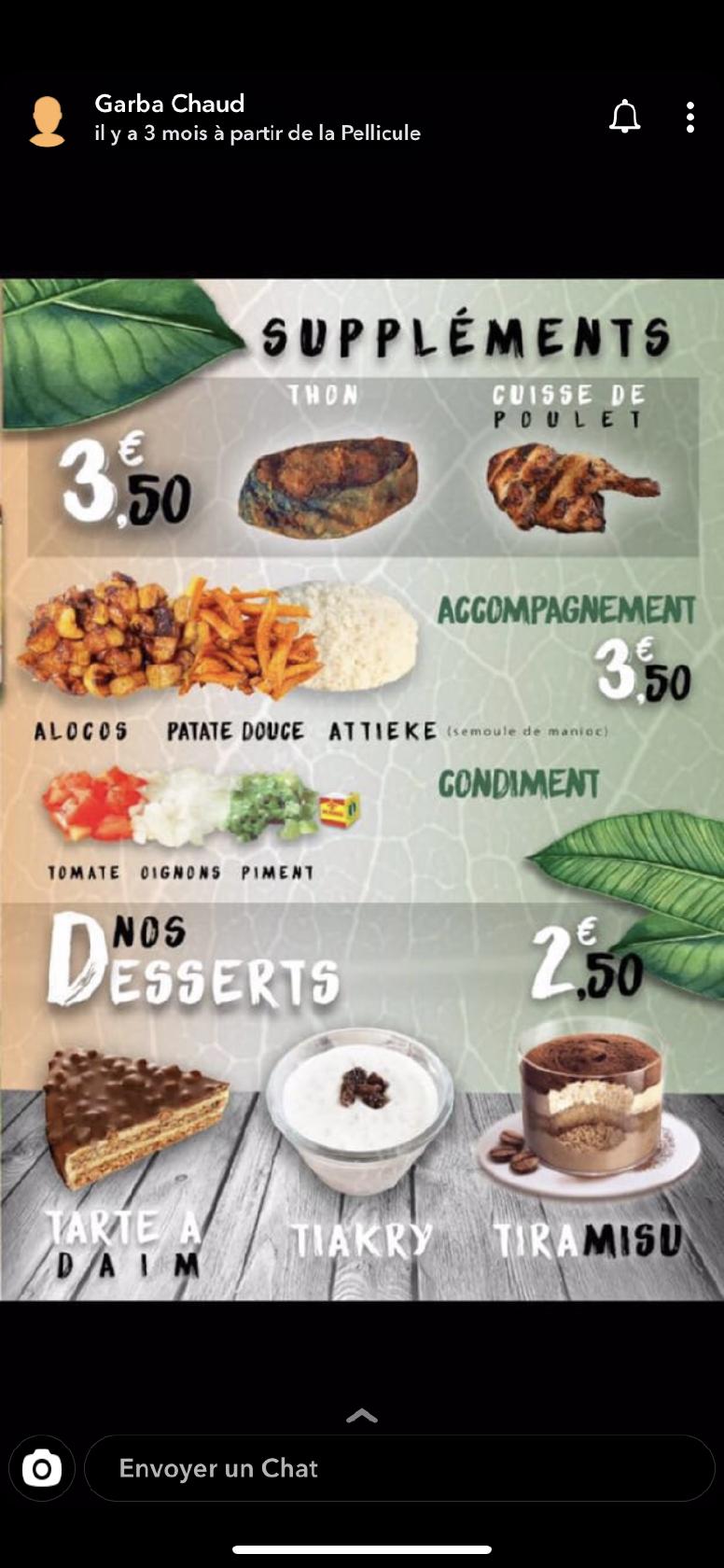 Menu au GARBA CHAUD Courneuve restaurant, La Courneuve