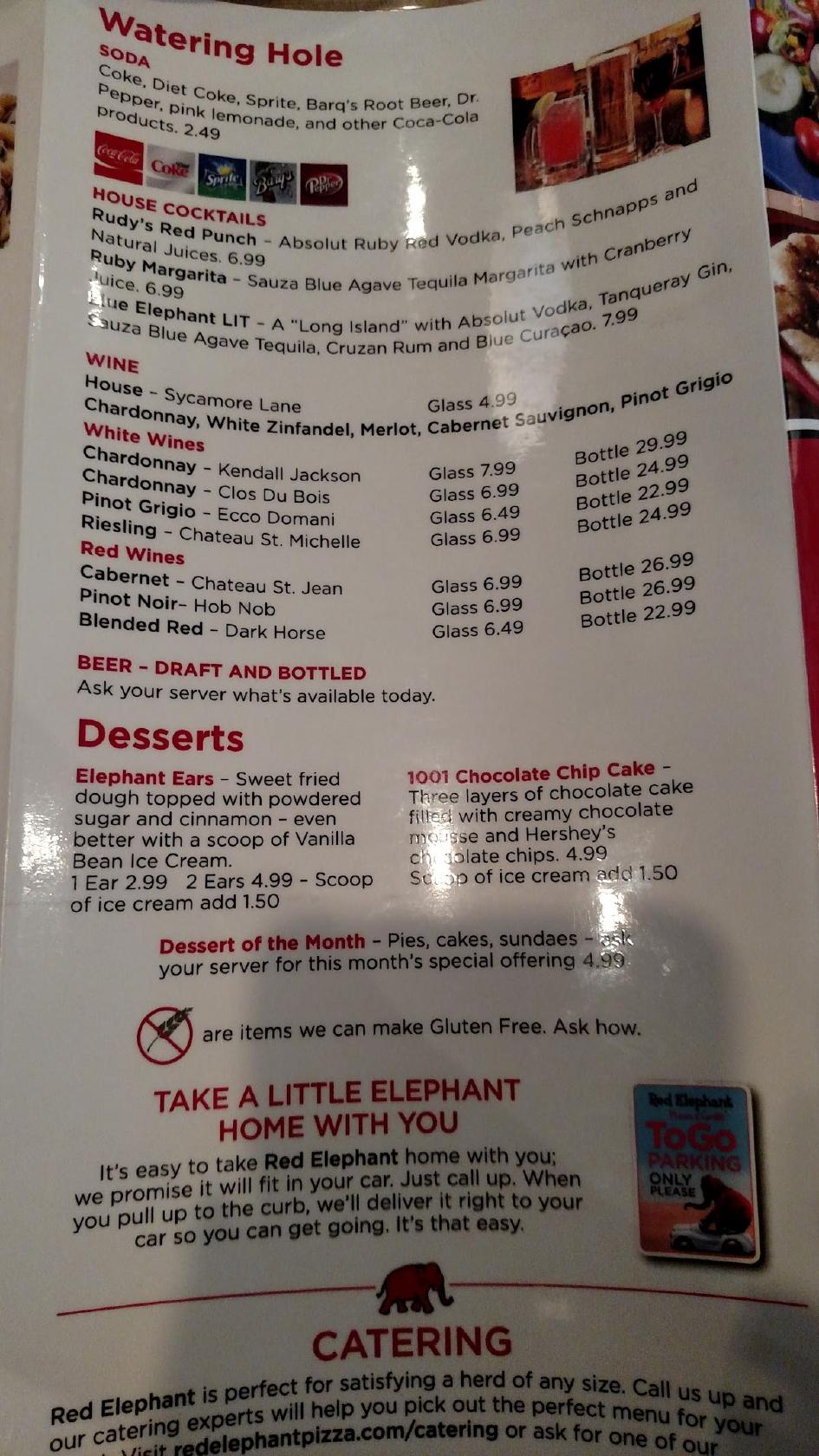 Menu at Red Elephant Pizza & Grill pizzeria, Dothan