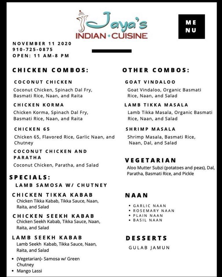 Menu at Jaya's Indian Cuisine restaurant, Southern Pines, N May St