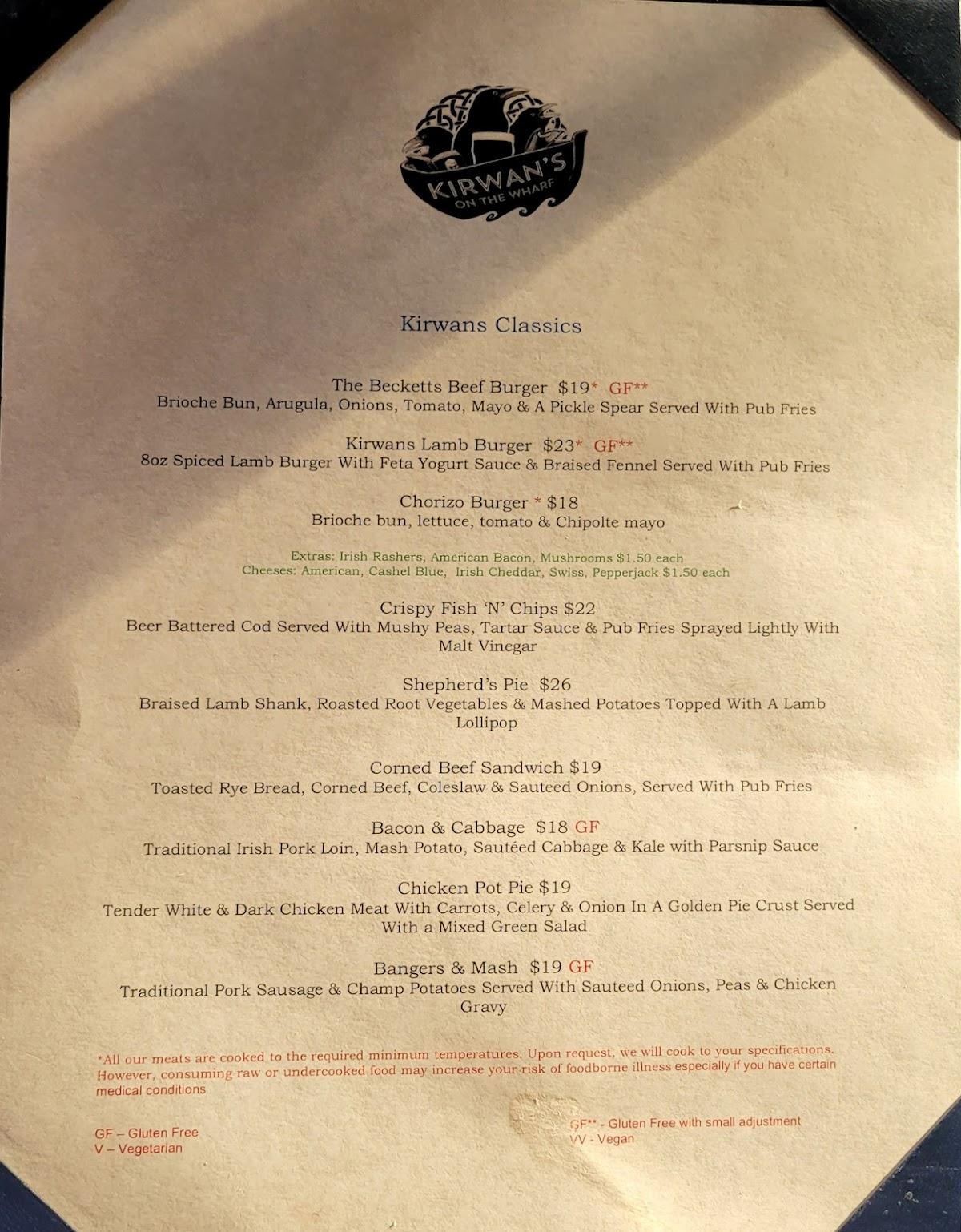 Menu at Kirwan’s on the Wharf pub & bar, Washington