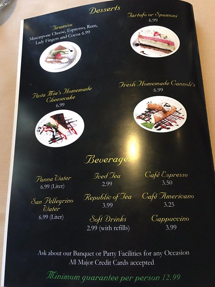 Menu at Pasta Mia East restaurant, Las Vegas