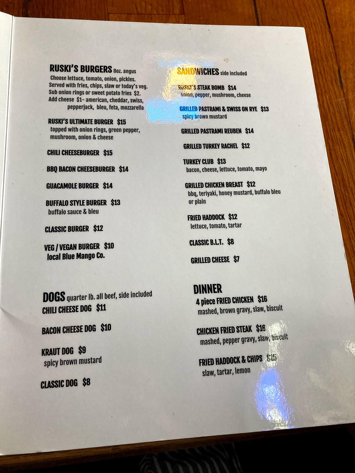 Menu at Ruski's pub & bar, Portland