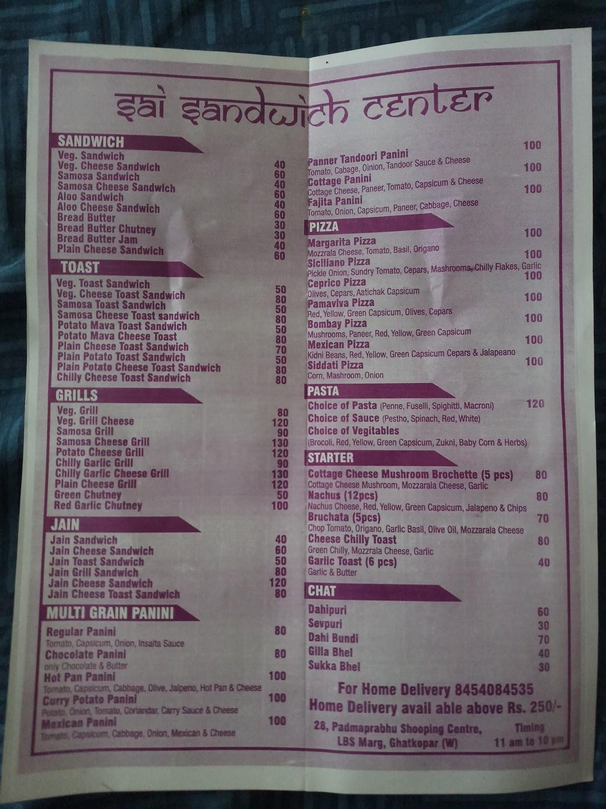 Menu at Sai Sandwhich, Mumbai