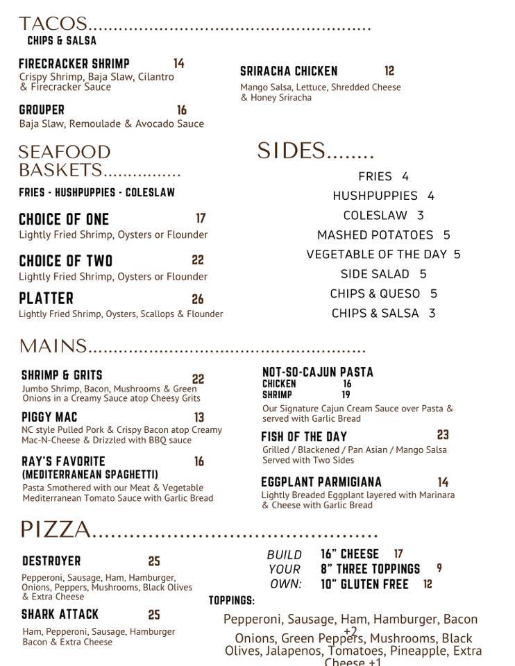 Menu at Sharky's Waterfront Bar & Grill, Ocean Isle Beach, 61 Causeway Dr